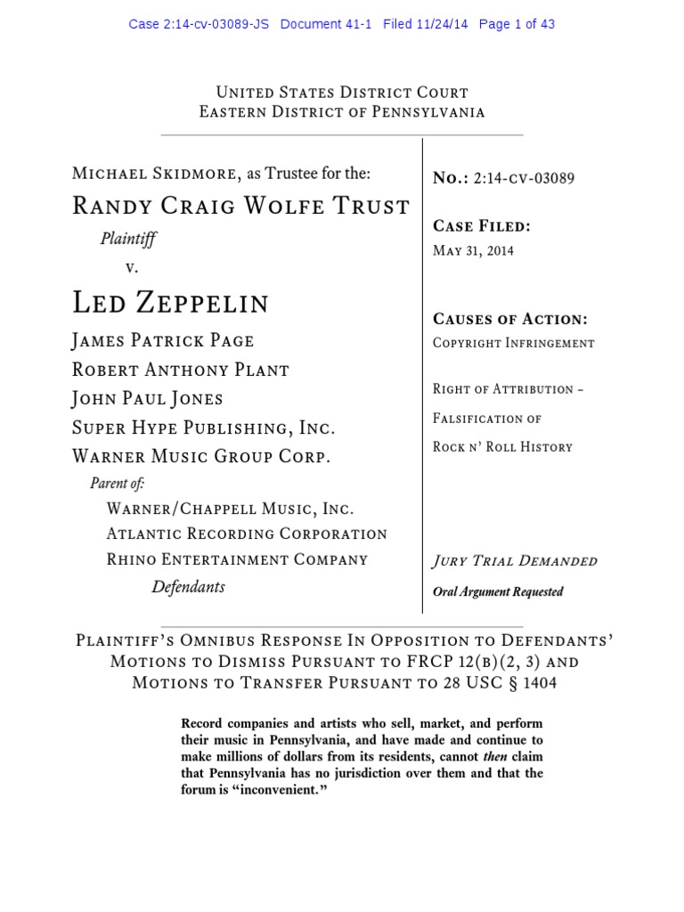 Skidmore v. Zeppelin - Plaintiff's Response To Motion To Dismiss PDF ...