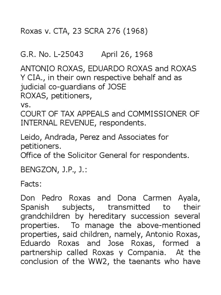 16 Roxas V CTA 23 SCRA 276 (1968) - Digest | PDF | Tax Deduction | Expense