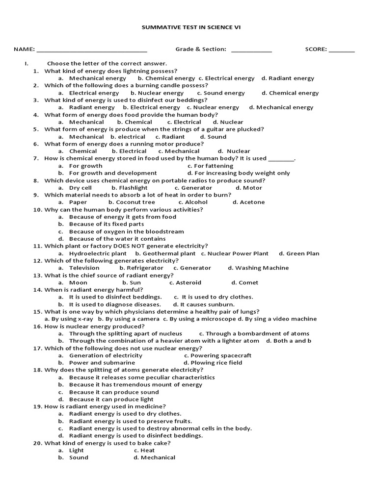 Science 6 Summative Test | PDF | Atoms | Electricity
