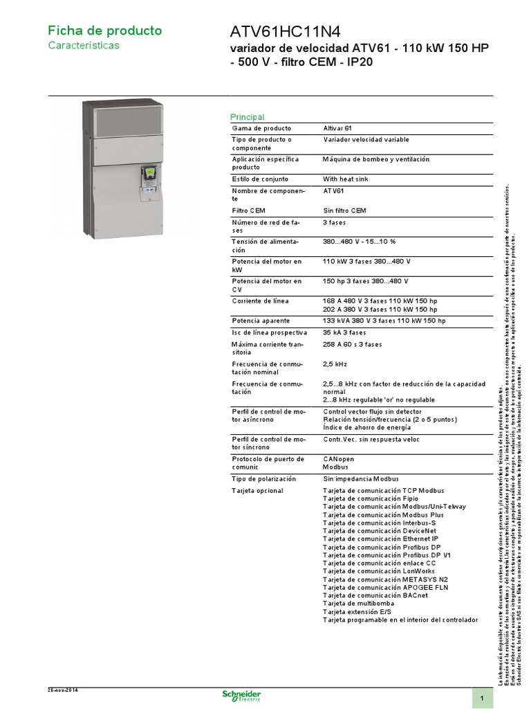Altivar 61 ATV61HC11N4 | PDF | Energia electrica | Ingenieria Eléctrica