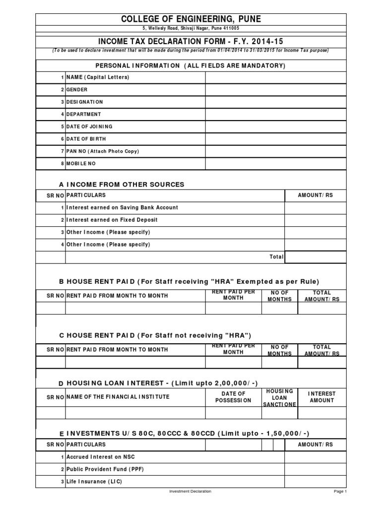 Income Tax Declaration Form - 2014-15 | PDF | Money | Government Finances