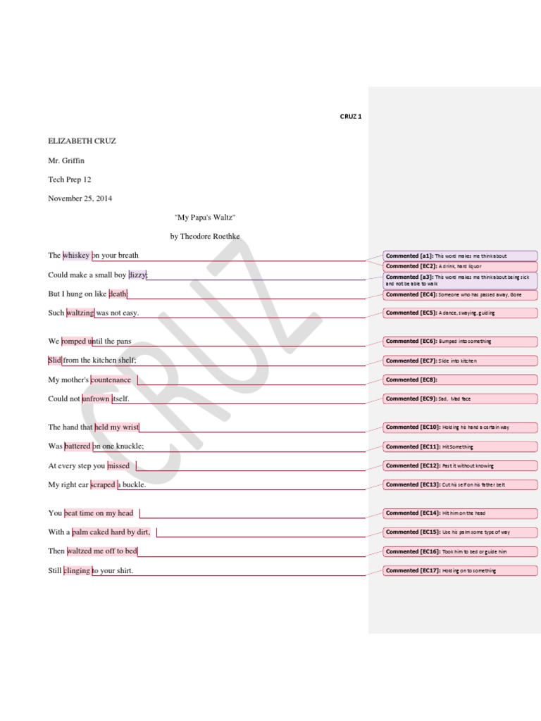 Analysis of "My Papa's Waltz" Poem | PDF