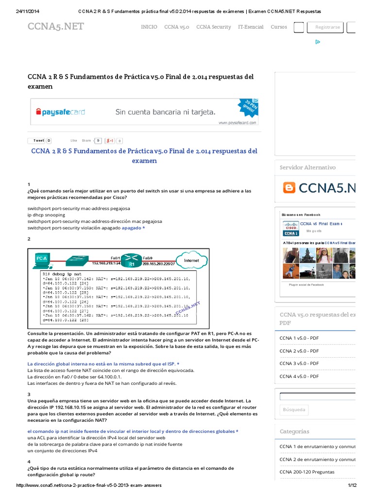 CCNA 2 R & S Fundamentos Práctica Final v5.0 2.014 Respuestas de Exámenes - Examen CCNA5 | PDF ...
