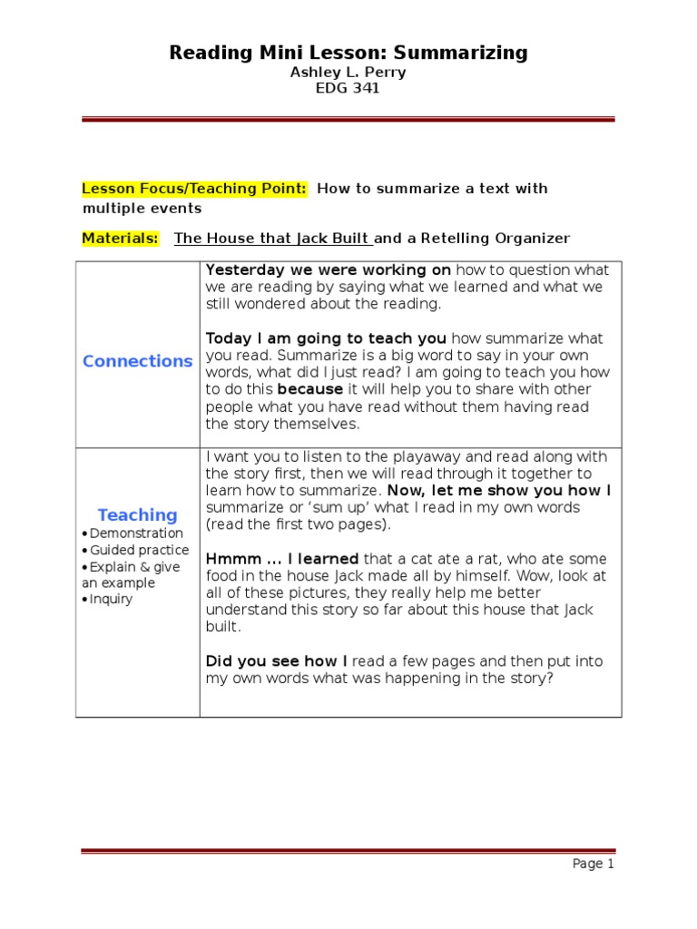 Mini Lesson Reading Summarizing | PDF | Pedagogy | Epistemology