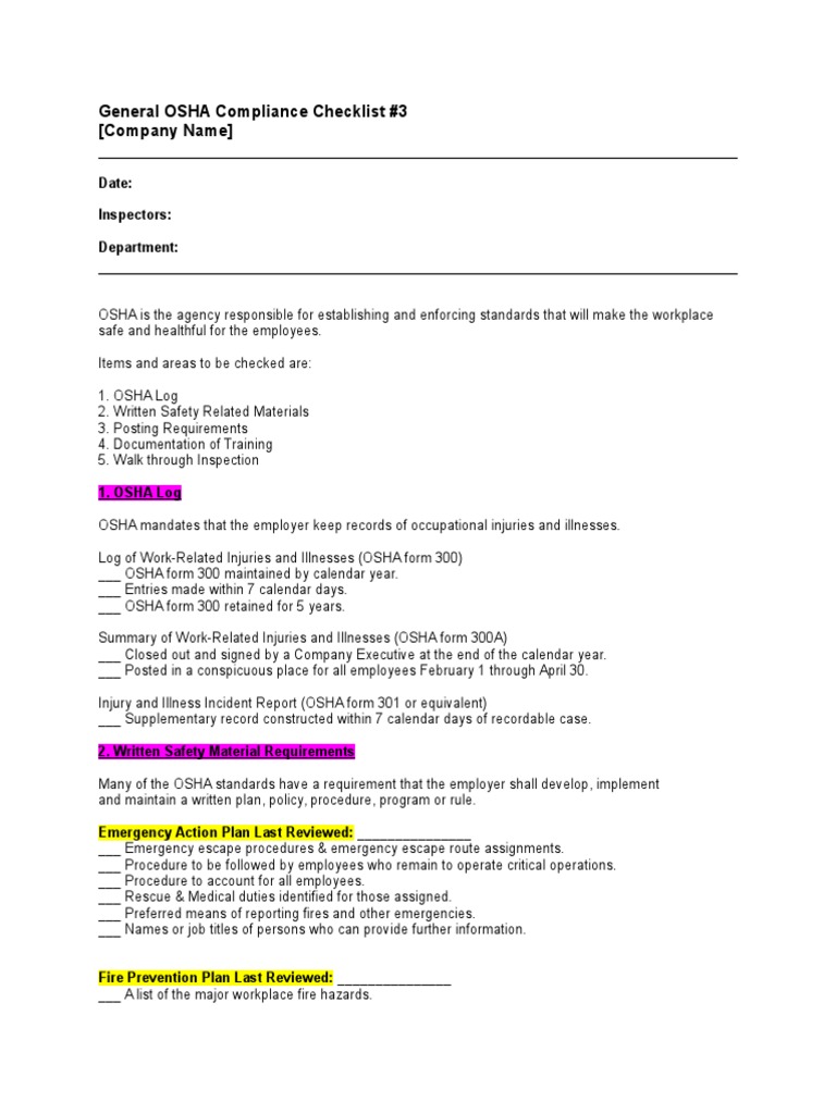OSHA Compliance Checklist Overview | PDF | Occupational Safety And ...