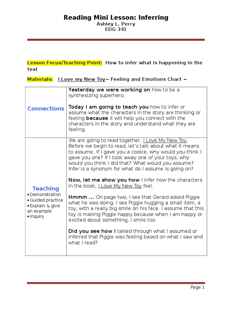 Mini Lesson Reading Inferring | PDF | Feeling | Emotions