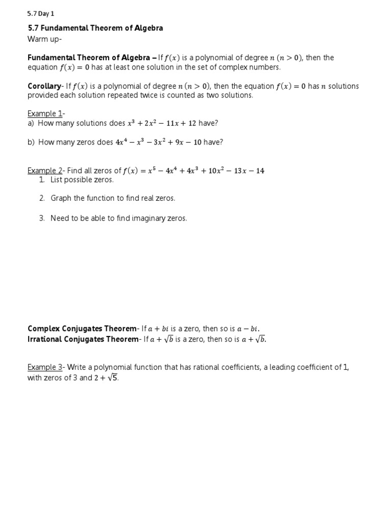 5.7 Day 1 Apply The Fundamental Theorem of Algebra (Teacher) | PDF ...