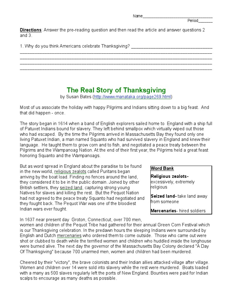 Real Story of Thanksgiving Students | PDF | Pilgrim Fathers | Colonial ...