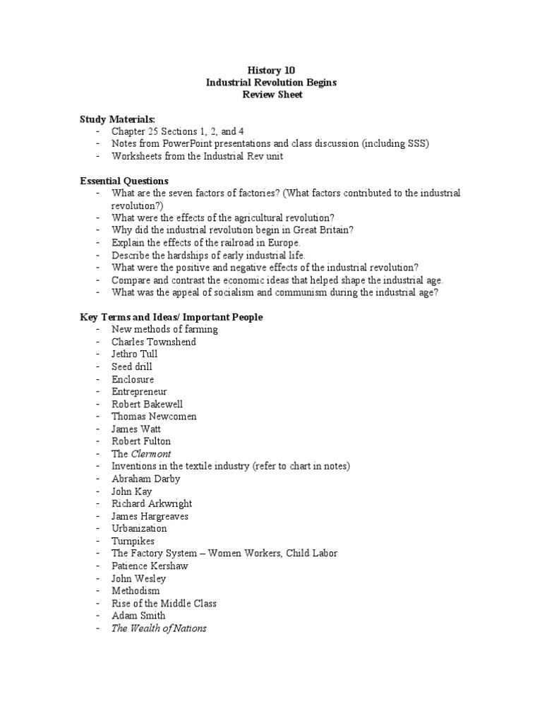Industrial Revolution Review Sheet | PDF