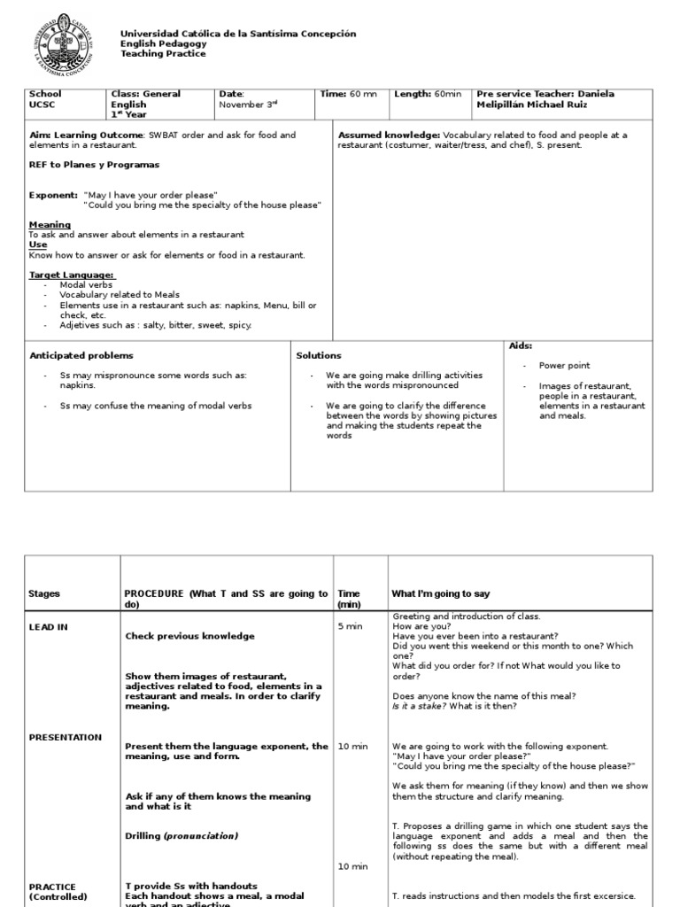 PPP Lesson Plan 1st Class | PDF | Restaurants | Waiting Staff