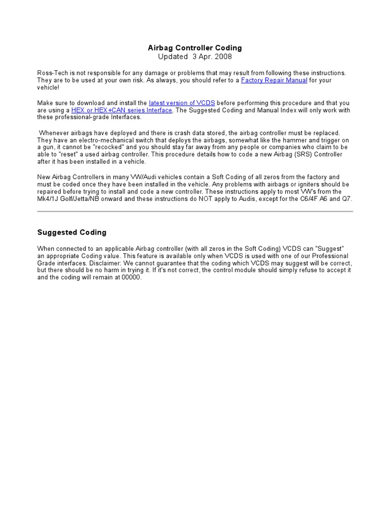 Airbag Controller Coding | PDF | Airbag | Volkswagen