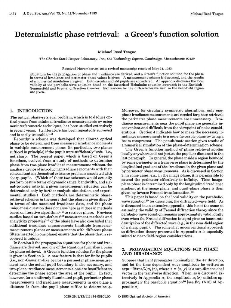 Deterministic Phase Retrieval: A Green's Function Solution | PDF | Lens (Optics) | Diffraction