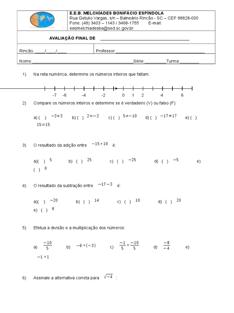 Prova Final de Matemática 7º Ano | PDF