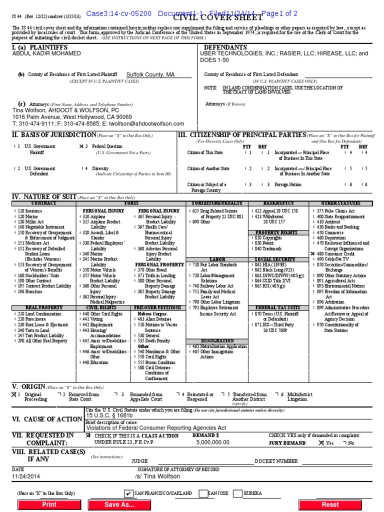 Civil Cover Sheet for Federal Cases | PDF | Diversity Jurisdiction ...