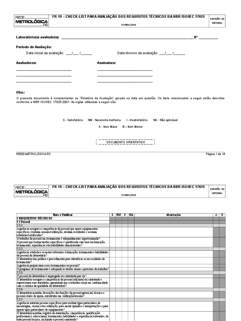 Checklist para Avaliação Dos Requisitos Tecnicos Da NBR 17025 | PDF ...