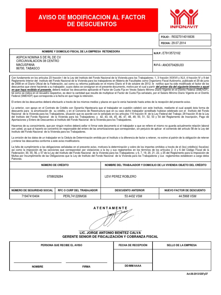 Aviso Modificacion Factor Descuento | PDF | Salario mínimo | Gobierno