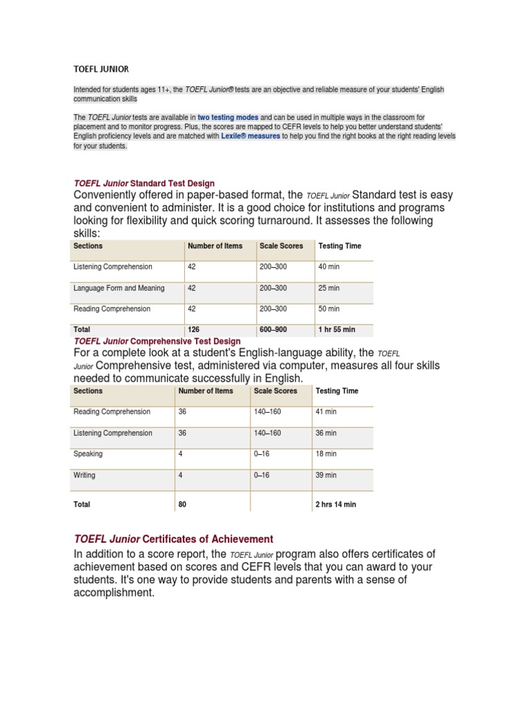 TOEFL Junior | PDF | Test Of English As A Foreign Language | Tests