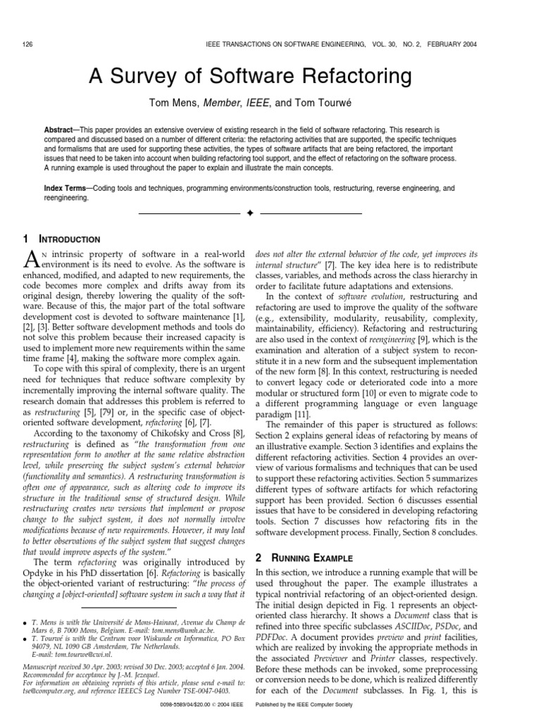 A Survey of Software Refactoring: Tom Mens, Member, IEEE, and Tom Tourwe | PDF | Class (Computer ...