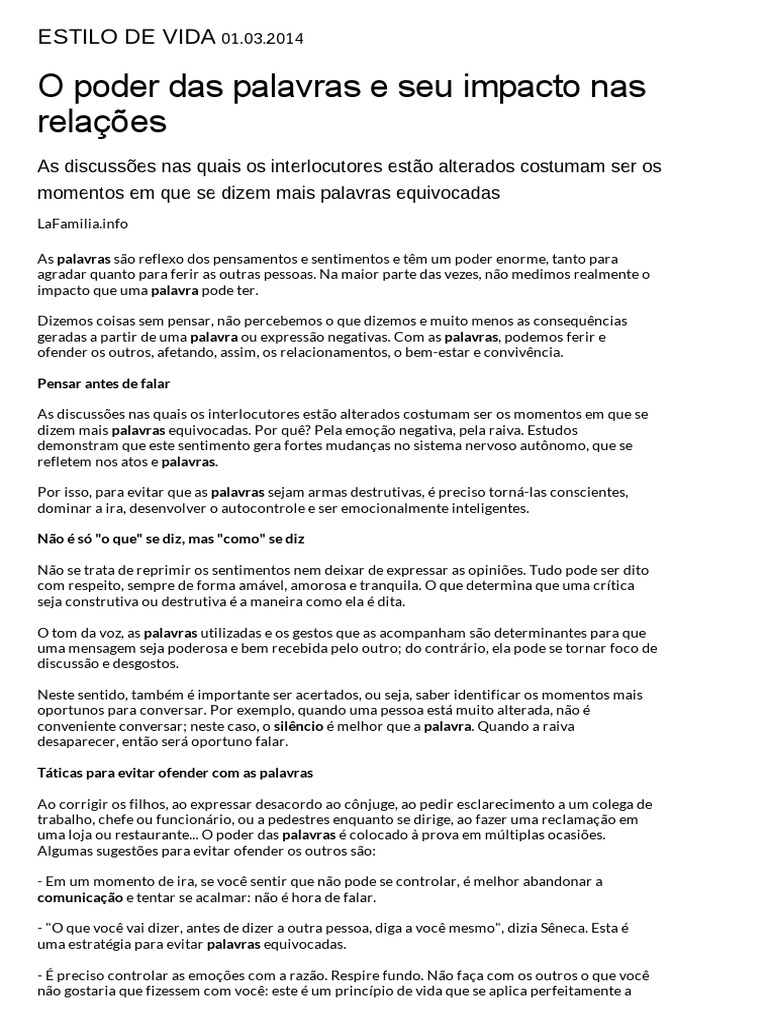 O Impacto das Palavras nas Relações | PDF | Pensamento | Poder (social ...