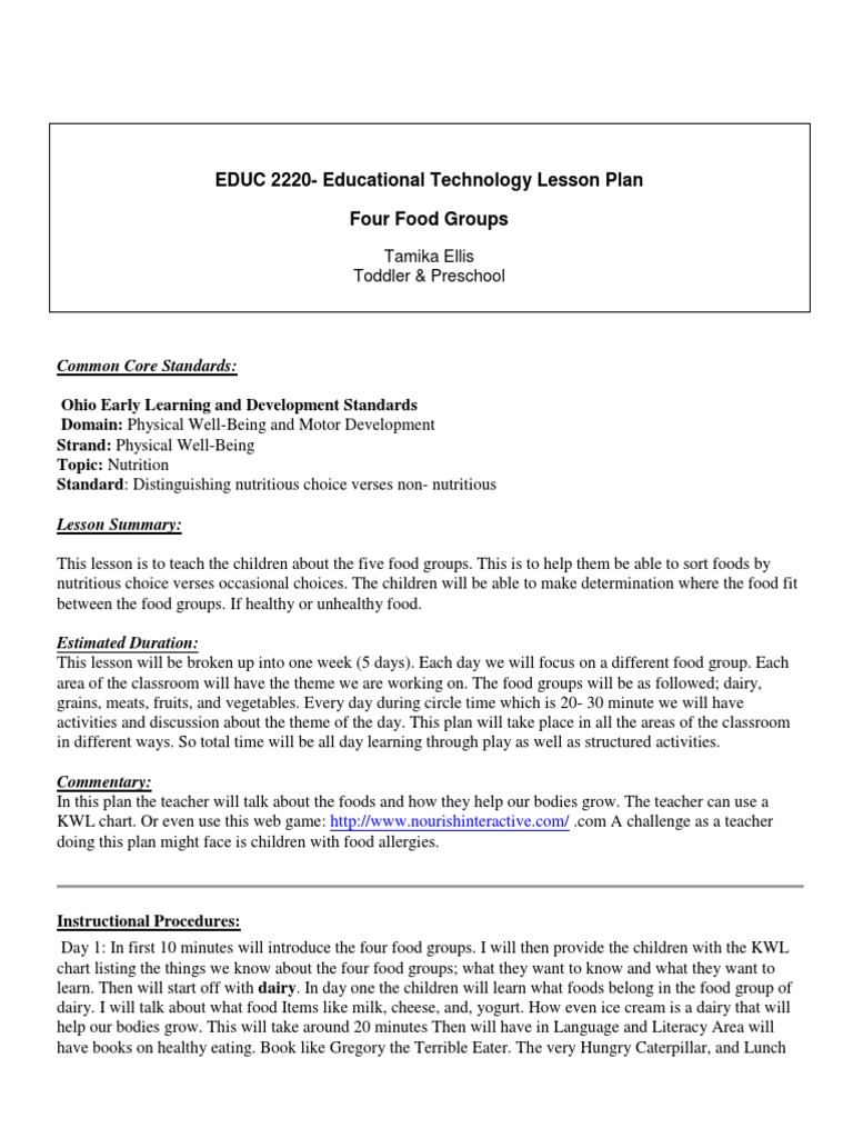 EDUC 2220-Educational Technology Lesson Plan Four Food Groups | PDF ...