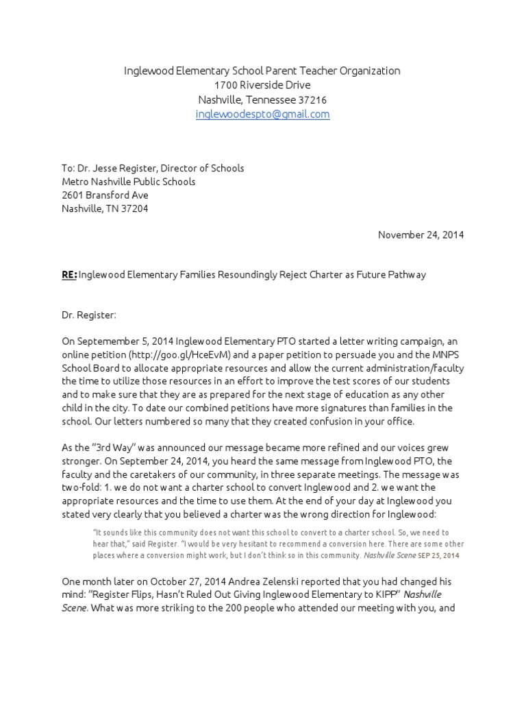Inglewood Elementary PTO Letter | PDF | Cognition | Schools