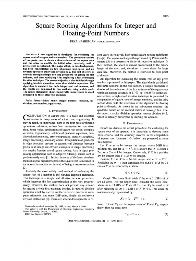 Square Rooting Algorithms For Integer and Floating-Point Numbers | PDF | Square Root | Integer
