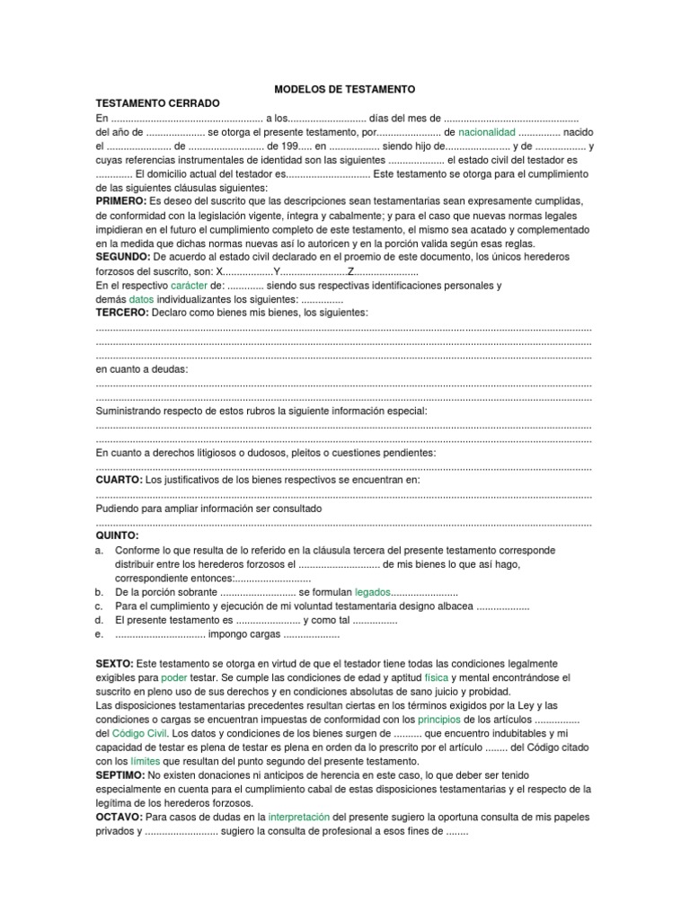 Modelos de Testamento | PDF | Voluntad y testamento | Derecho Civil ...