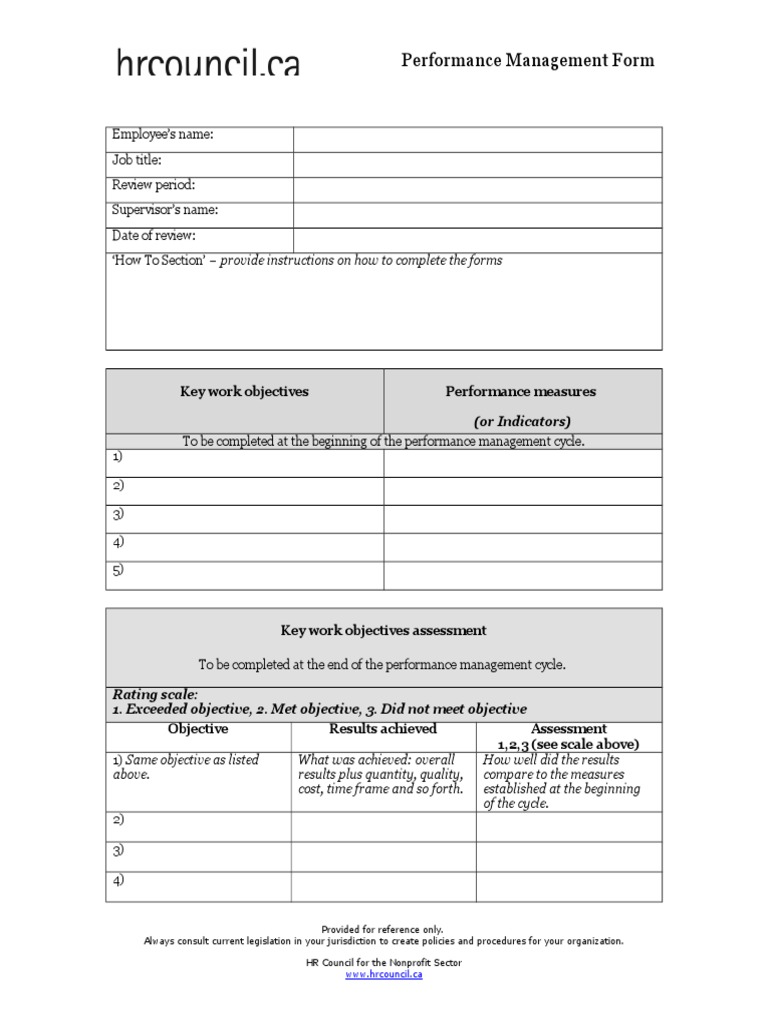 Performance Management Form: Key Work Objectives Performance Measures | PDF