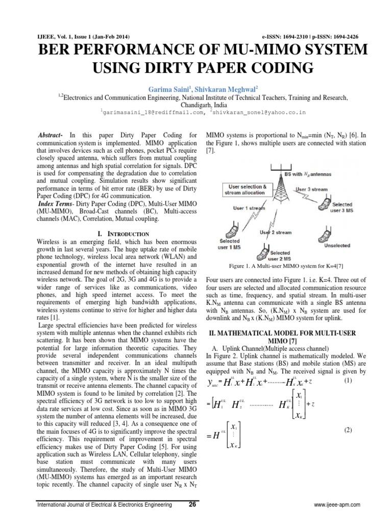 BER Performance of MU-MIMO System Using Dirty Paper Coding | PDF | Mimo | Broadcasting