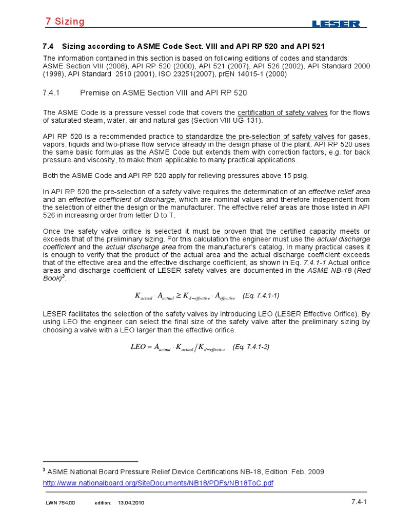 EHB en 7.4 Sizing According To ASME Code Sect VIII and API RP 520 and API 521 | PDF | Pressure ...