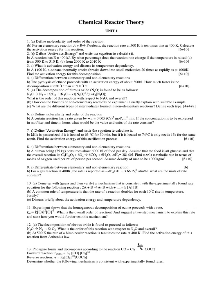 Chemical Reactor Theory: Unit 1 | PDF | Reaction Rate | Activation Energy