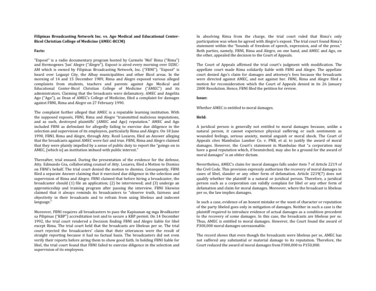 AMEC-BCCM vs. Filipinas Broadcasting Libel | PDF