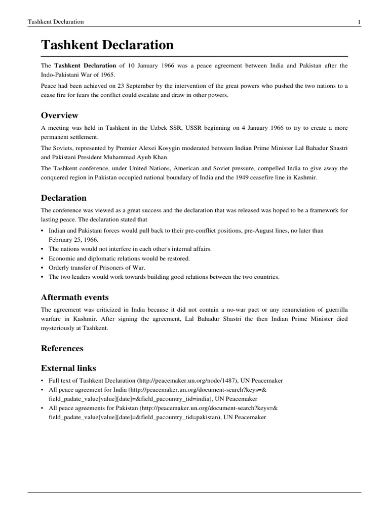 The Tashkent Declaration: A Framework for Lasting Peace Between India ...