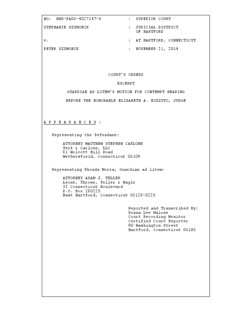 11 21 2014 Szymonik Hearing Transcript | Brief (Law) | Continuance
