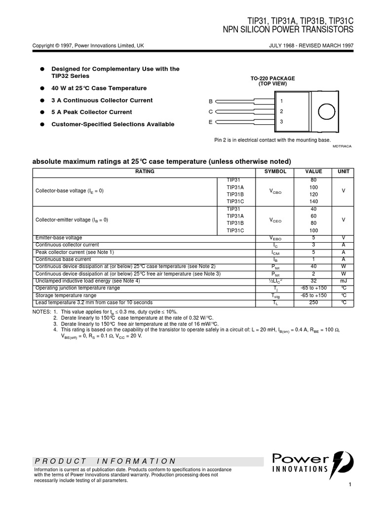TIP31, TIP31A, TIP31B, TIP31C NPN Silicon Power Transistors | PDF | Bipolar Junction Transistor ...
