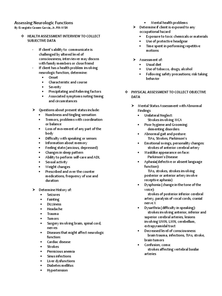 Neurologic Function Assessment Guide | PDF | Stroke | Anatomical Terms ...