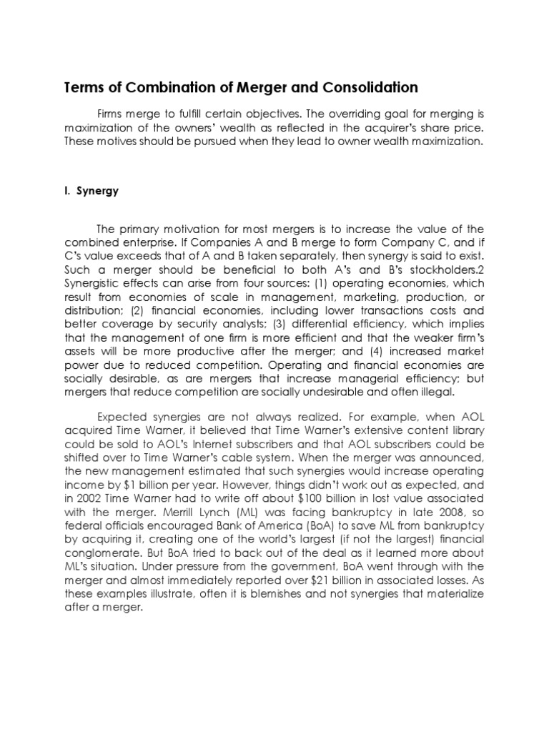 Terms of Combination of Merger and Consolidation | Mergers And ...