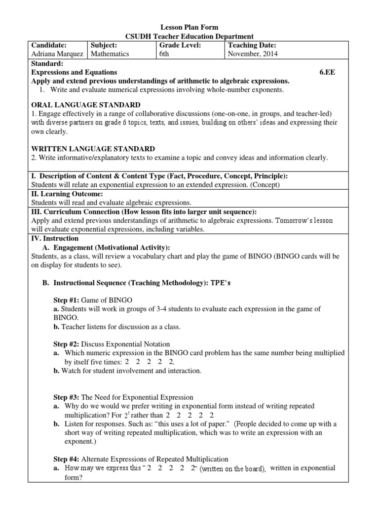 Math Lesson Plan 6th Grade | PDF | Exponentiation | Lesson Plan