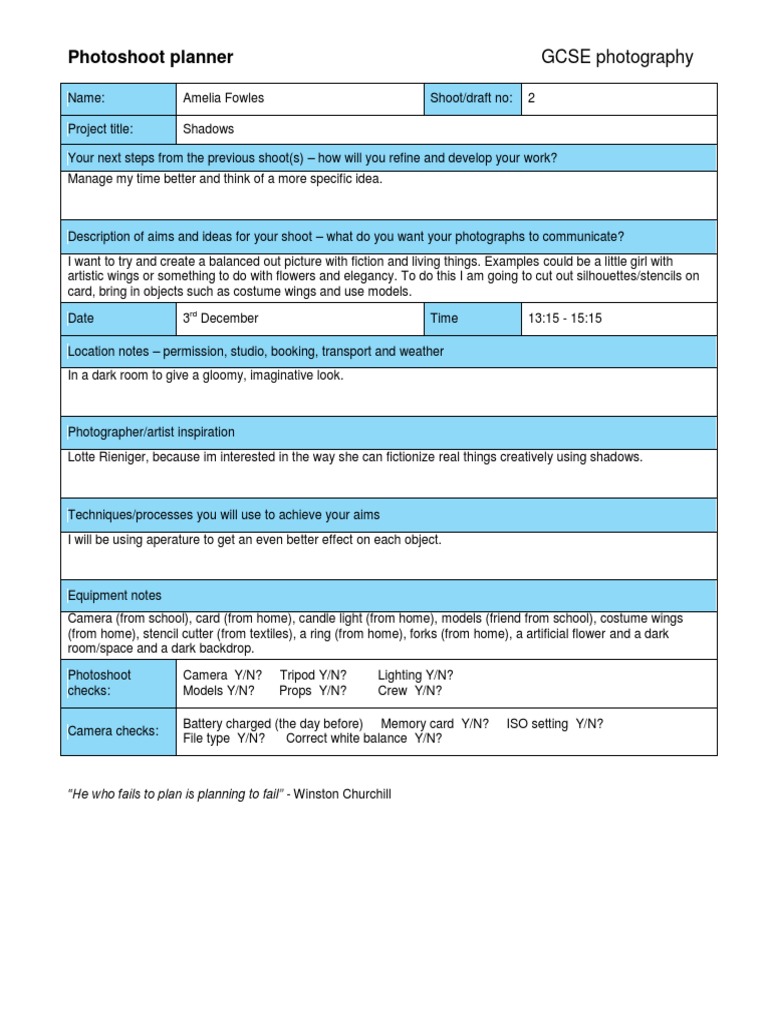 GCSE Photography Shoot Plan: Shadows | PDF