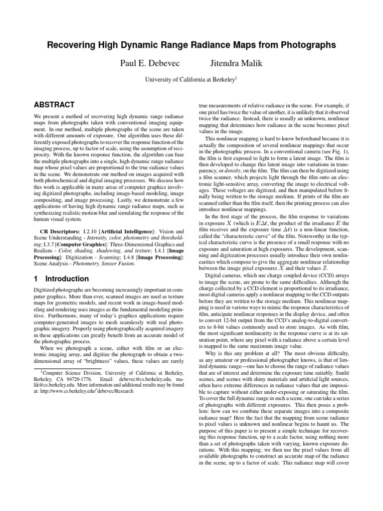 Recovering High Dynamic Range Radiance Maps From Photographs | PDF ...