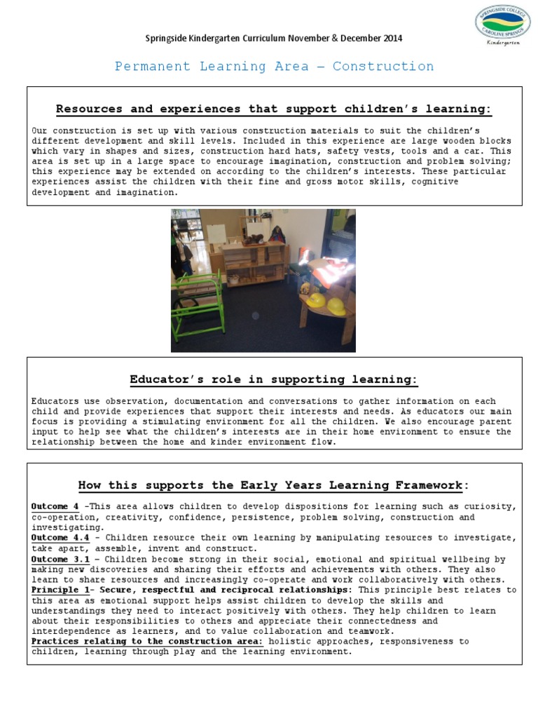 Kindergarten Construction Curriculum Overview | PDF | Career & Growth
