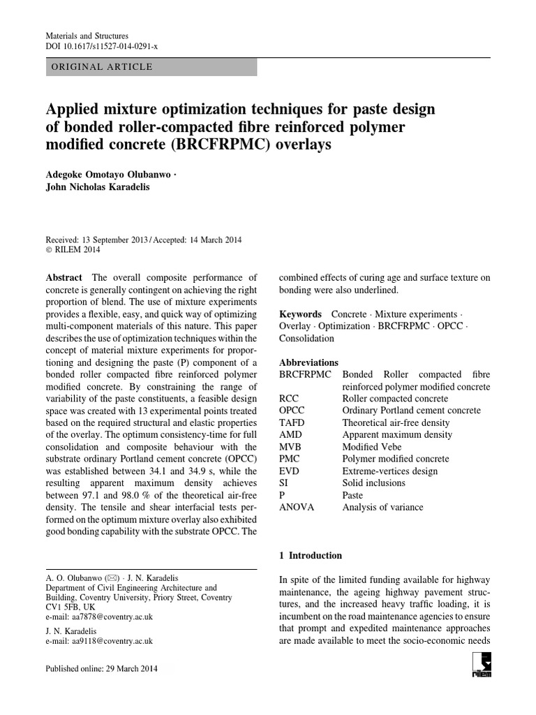 Applied Mixture Optimization Techniques For Paste Design of Bonded ...