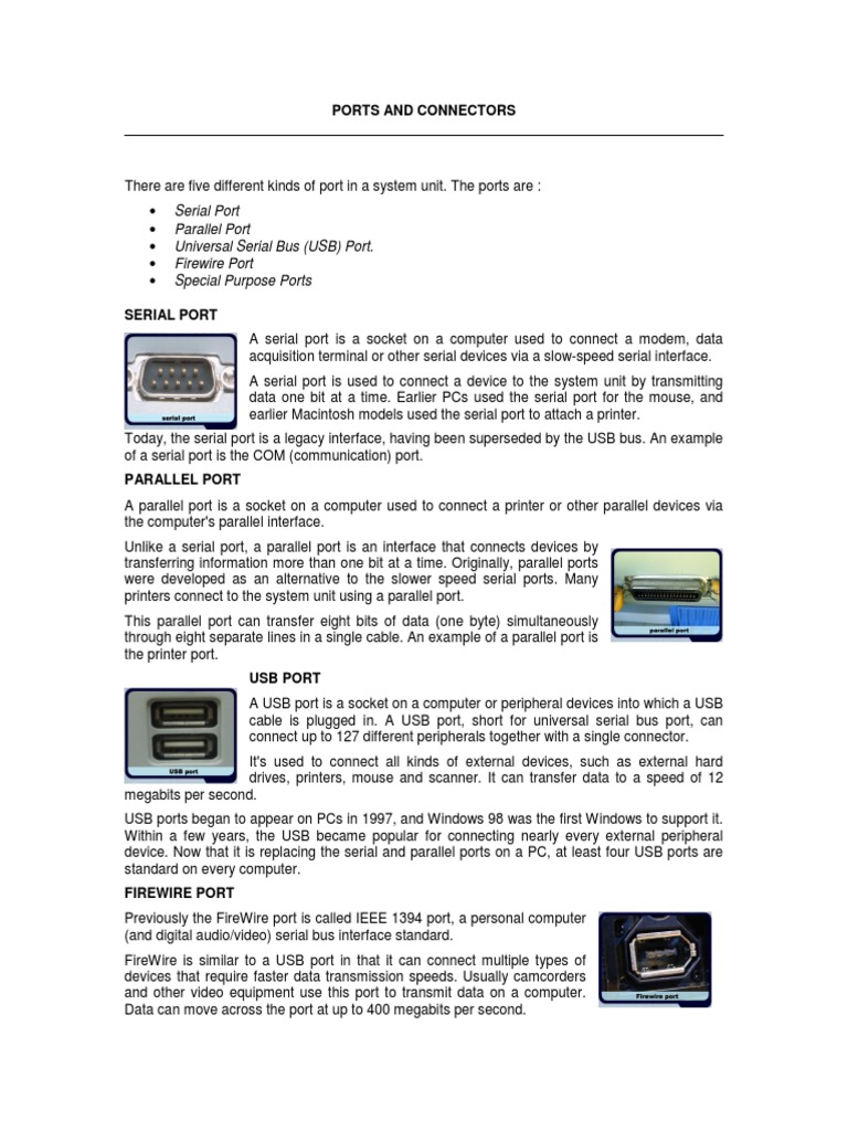 Serial Port Parallel Port Universal Serial Bus (USB) Port. Firewire ...