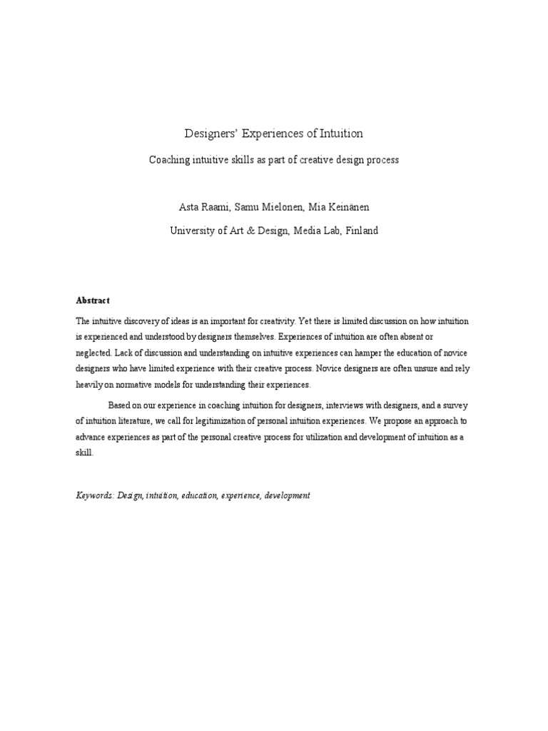 Designers' Experiences of Intuition - Coaching Intuitive Skills As Part ...