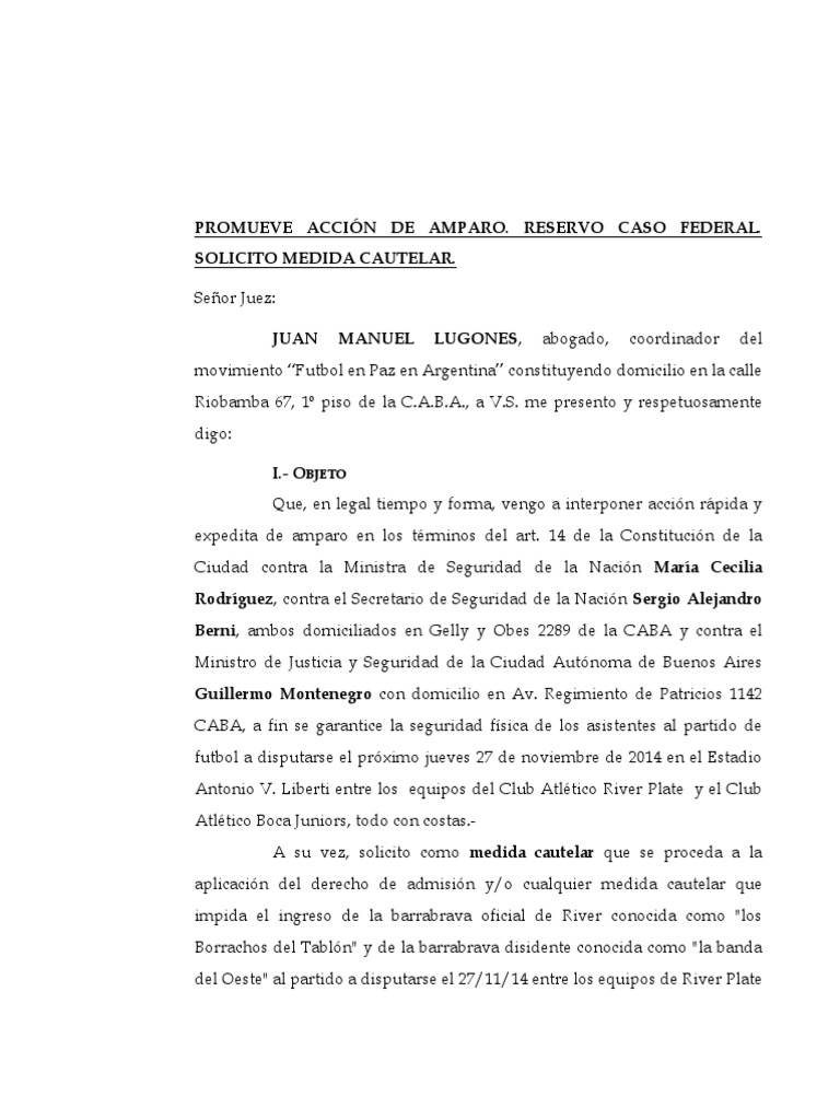 El Amparo para Que Los Barras de River No Vayan Al Estadio | PDF ...