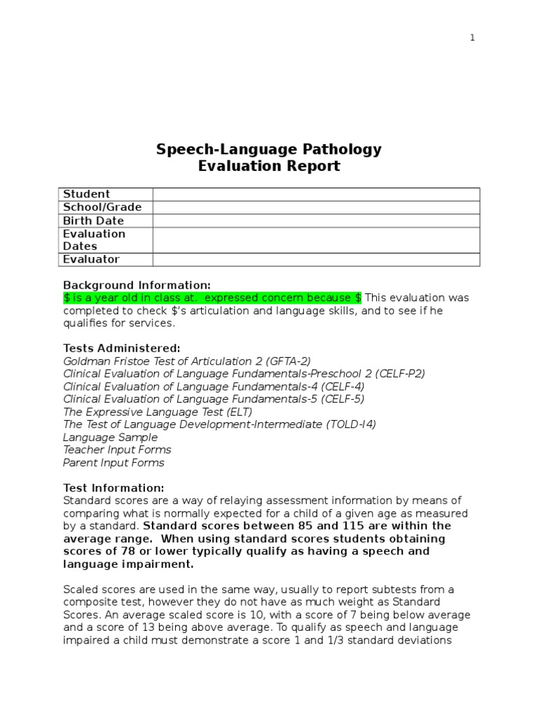 Speech-Language Pathology Evaluation Report | PDF | Word | Vocabulary