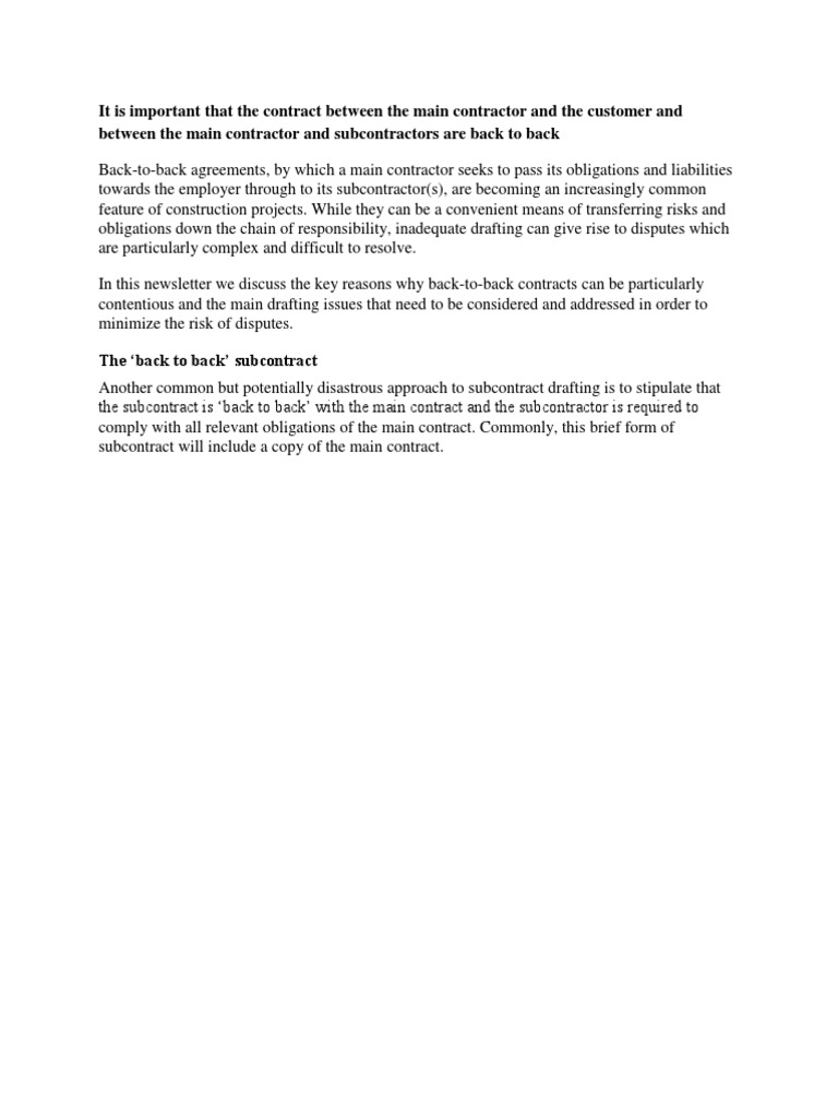 Back-to-back Contracts: Key Drafting Issues to Avoid Disputes | PDF