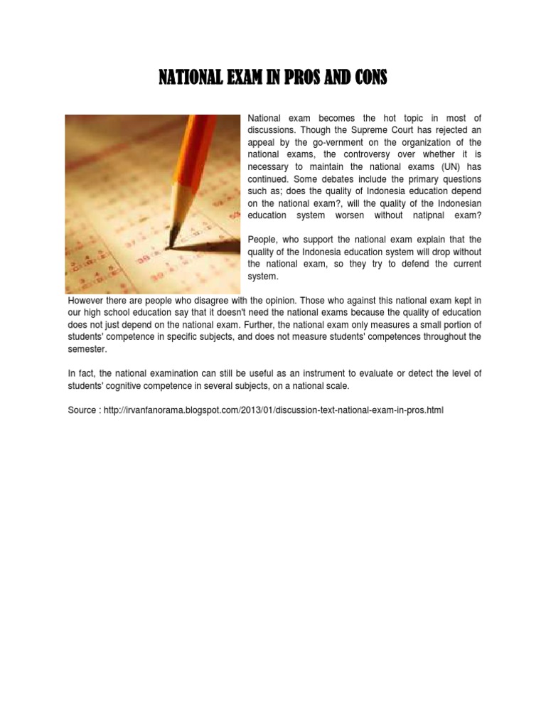 National Exam in Pros and Cons | PDF | Secondary School | Test (Assessment)