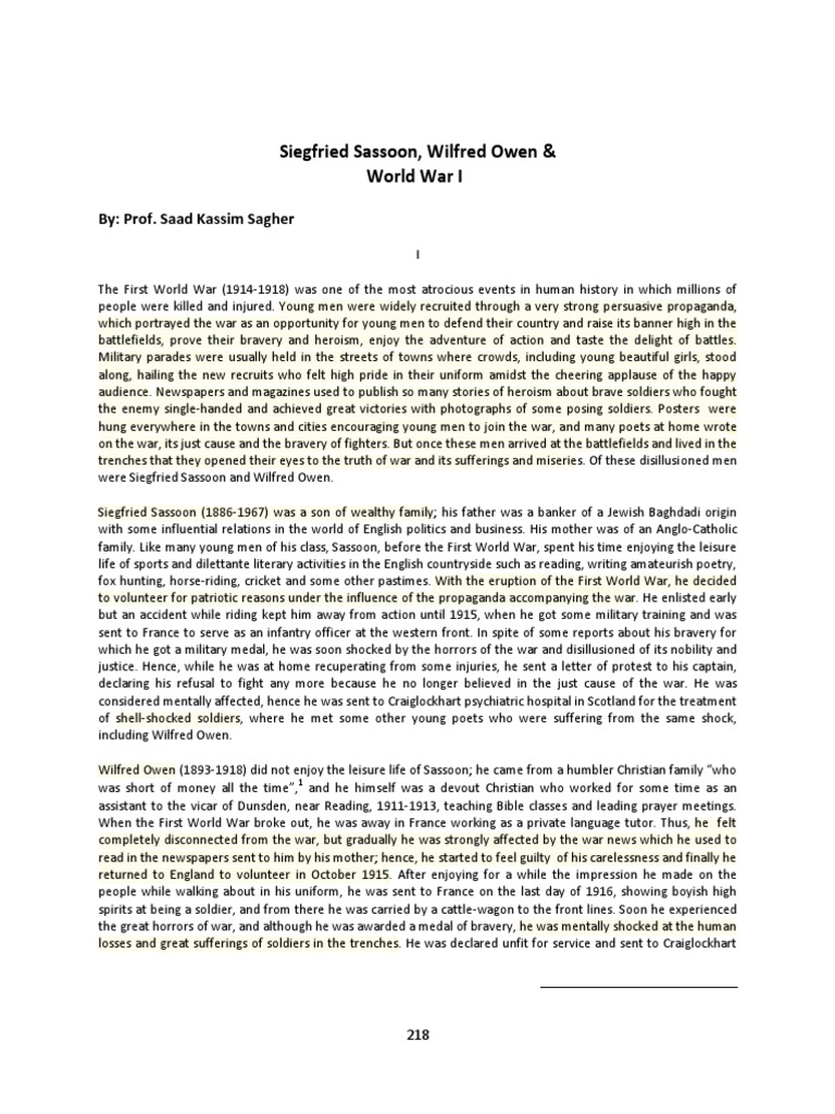 Sassoon, Owen & World War I | PDF | Abraham | Poetry