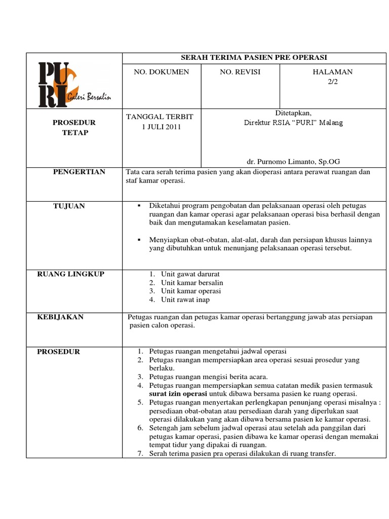 Serah Terima Pasien Pre Operasi | PDF